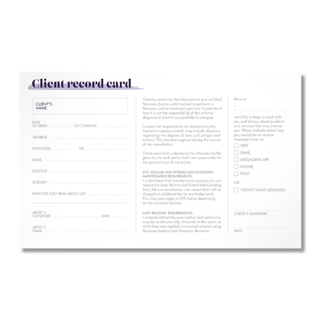 Nouveau Lashes Client Record Cards 100's – i-Spa